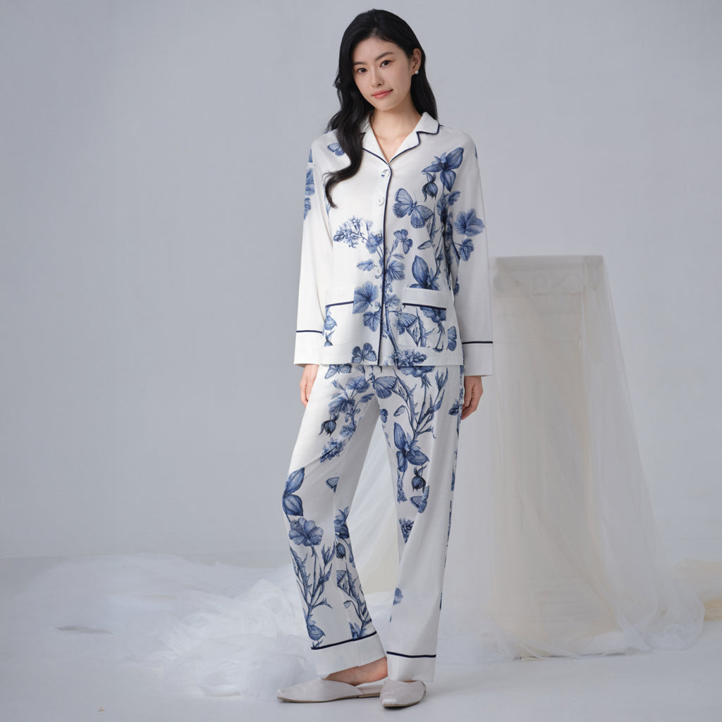 【藝術家聯乘: 優雅限定】抑菌棉麻印花睡衣套裝 - 長袖上衣及長褲 – Embry Form