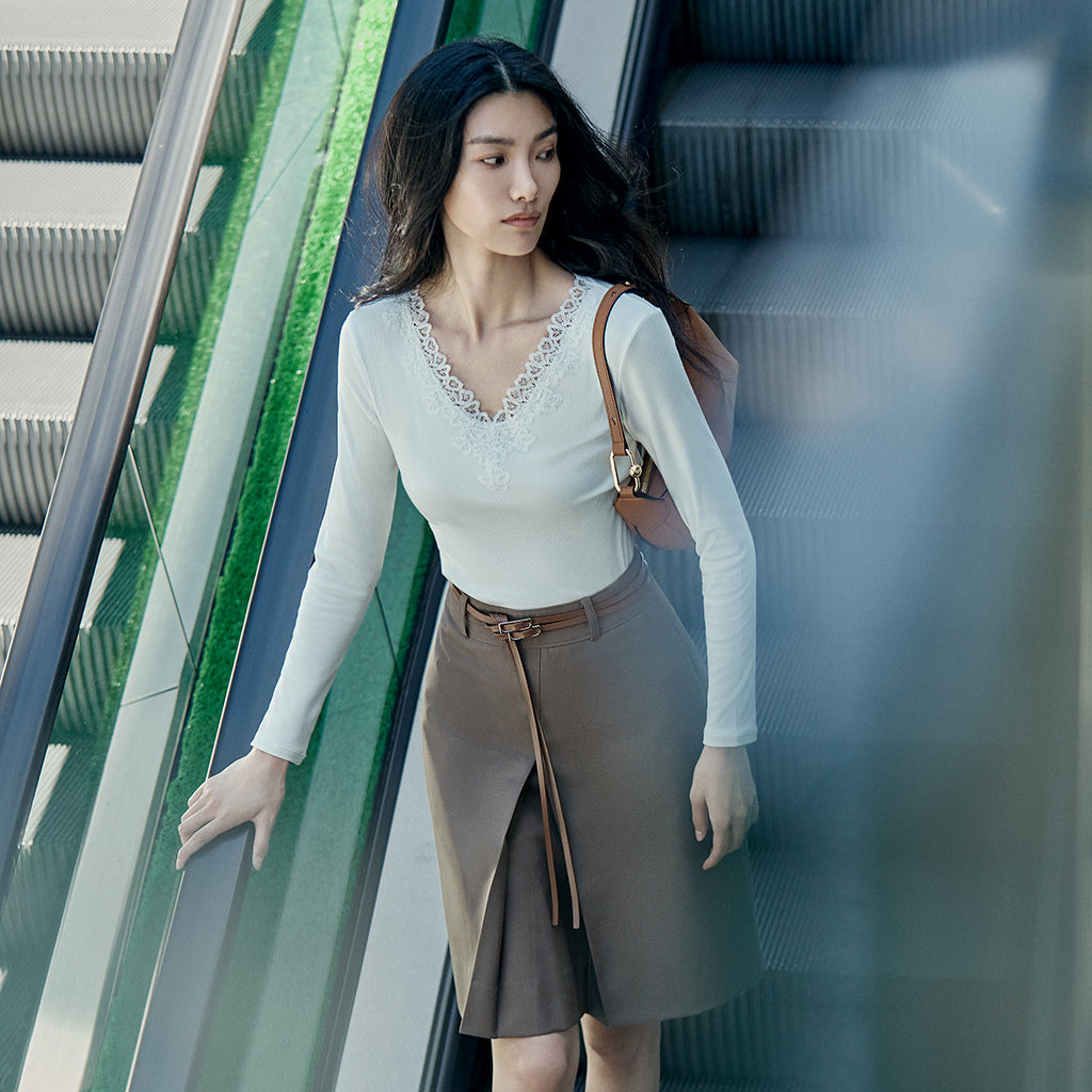 【柔絲羅紋】防靜電V領蕾絲飾邊真絲抓絨長袖保暖衣 – Embry Form