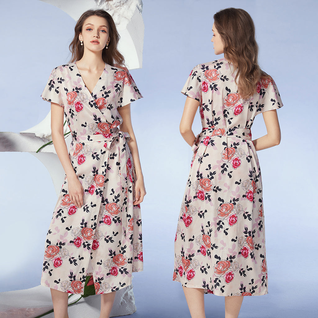 【玫瑰園】玫瑰印花緞面雪紡短袖法式裹身裙 – Embry Form