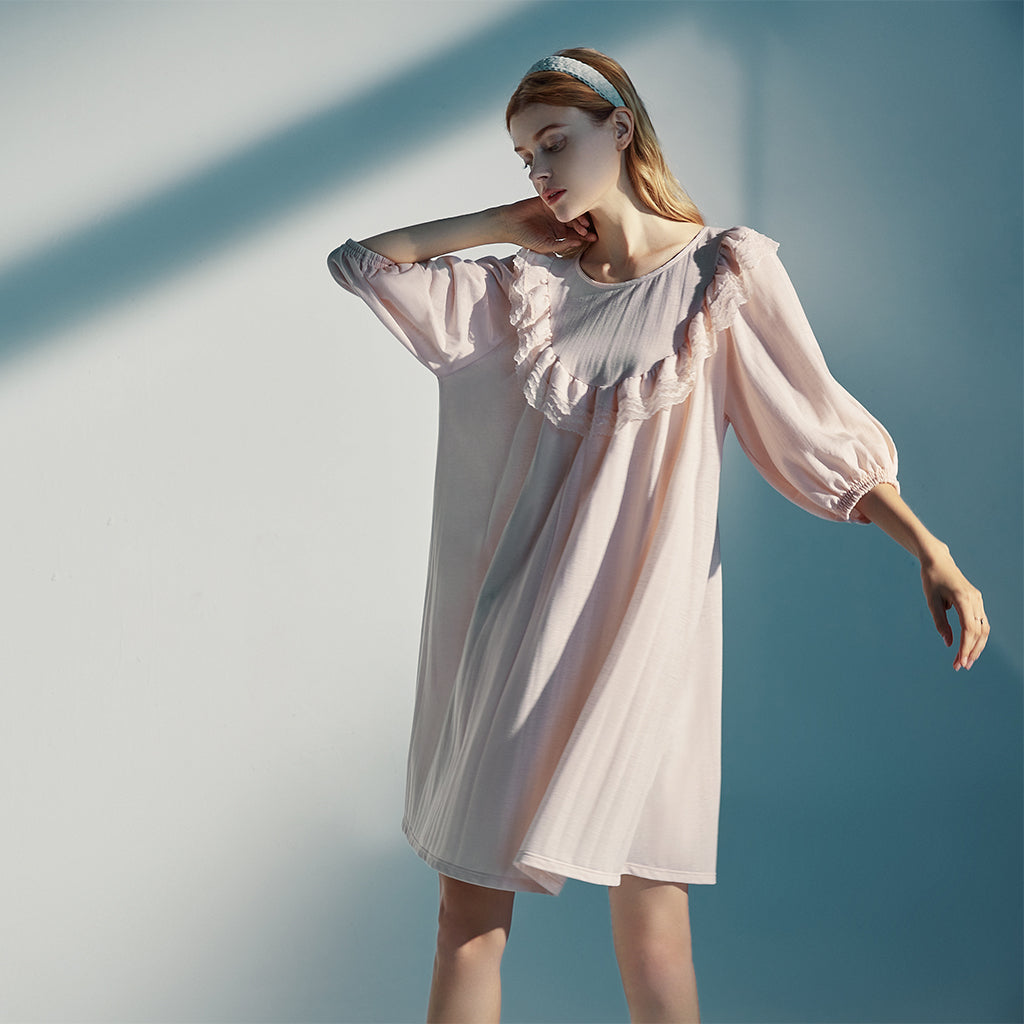 【優美棉麻】抑菌棉麻蕾絲飾邊中袖睡裙 – Embry Form